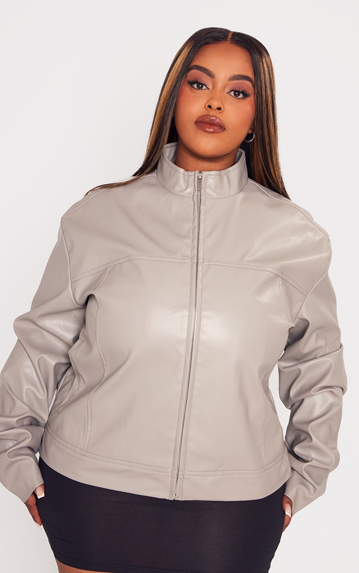 Plus Grey Pu Racer Neck Jacket | Plus Size | PrettyLittleThing USA