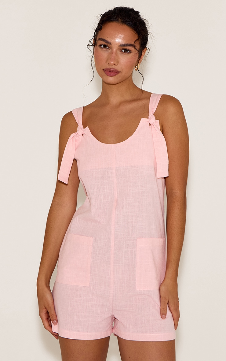 Pale Pink Linen Look Tie Shoulder Pocket Playsuit | Dresses | PLT