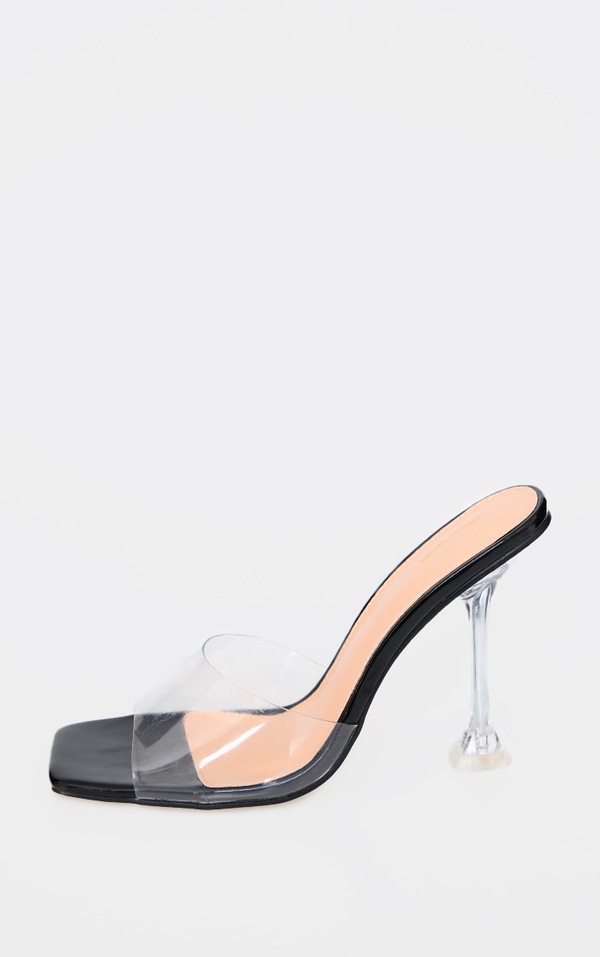 Black Pu Square Toe Clear Perspex Heeled Mules | Footwear ...