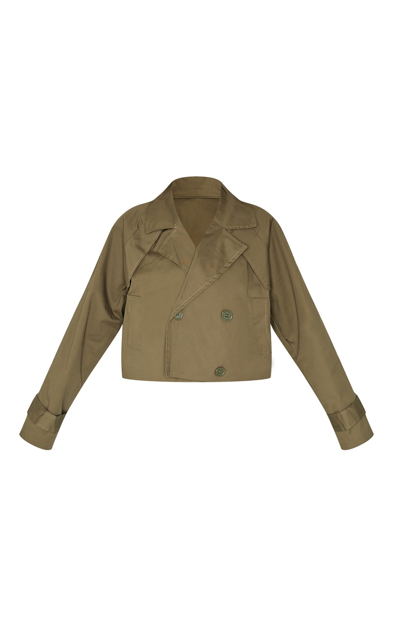 Khaki Cropped Storm Flap Detail Trench Coat | Outerwear | PrettyLittleThing