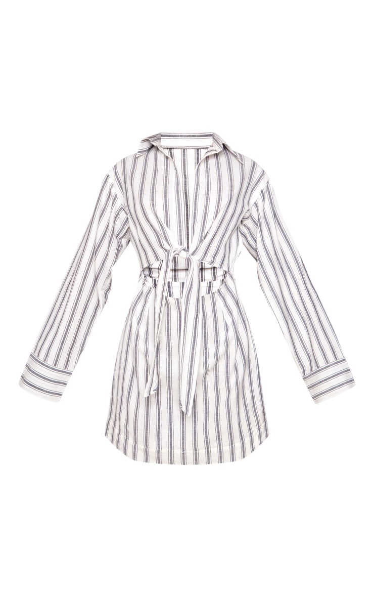 Grey Stripe Knot Front Long Sleeve Shirt Dress Dresses
