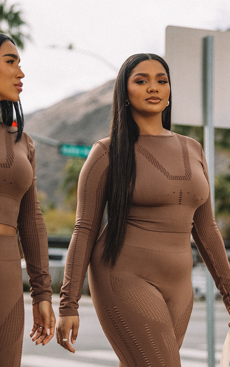 PLT Plus Brown Seamless Cut Out Long Sleeve Top | Activewear ...