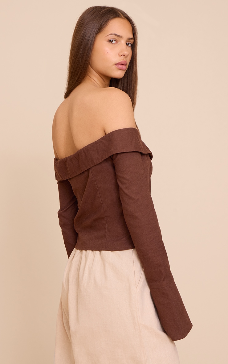 Chocolate Linen Bardot Button Up Shirt | Tops | PLT