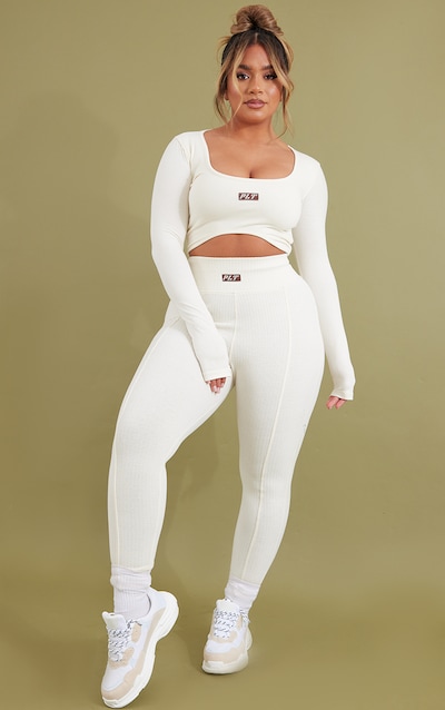 PRETTYLITTLETHING Shape Beige Rib Branded Leggings | Shape ...