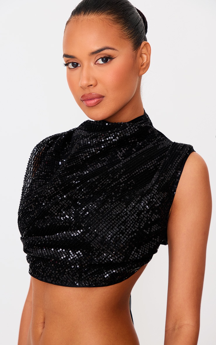 Black Sequin Tie Back High Neck Cowl Crop Top | Co-ords | PLT