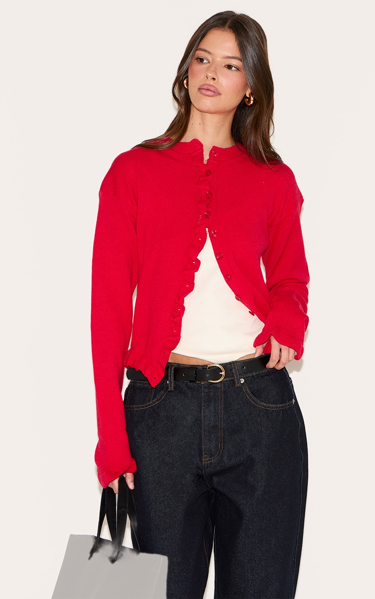 Red Knit Ruffle Detail Cardigan | Knitwear | PLT USA