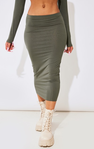 Khaki Ribbed High Waist Midi Skirt | Co-Ords | PrettyLittleThing
