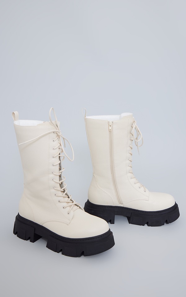 Cream Wide Fit Plus Calf Textured Sole Calf Boots | PrettyLittleThing USA