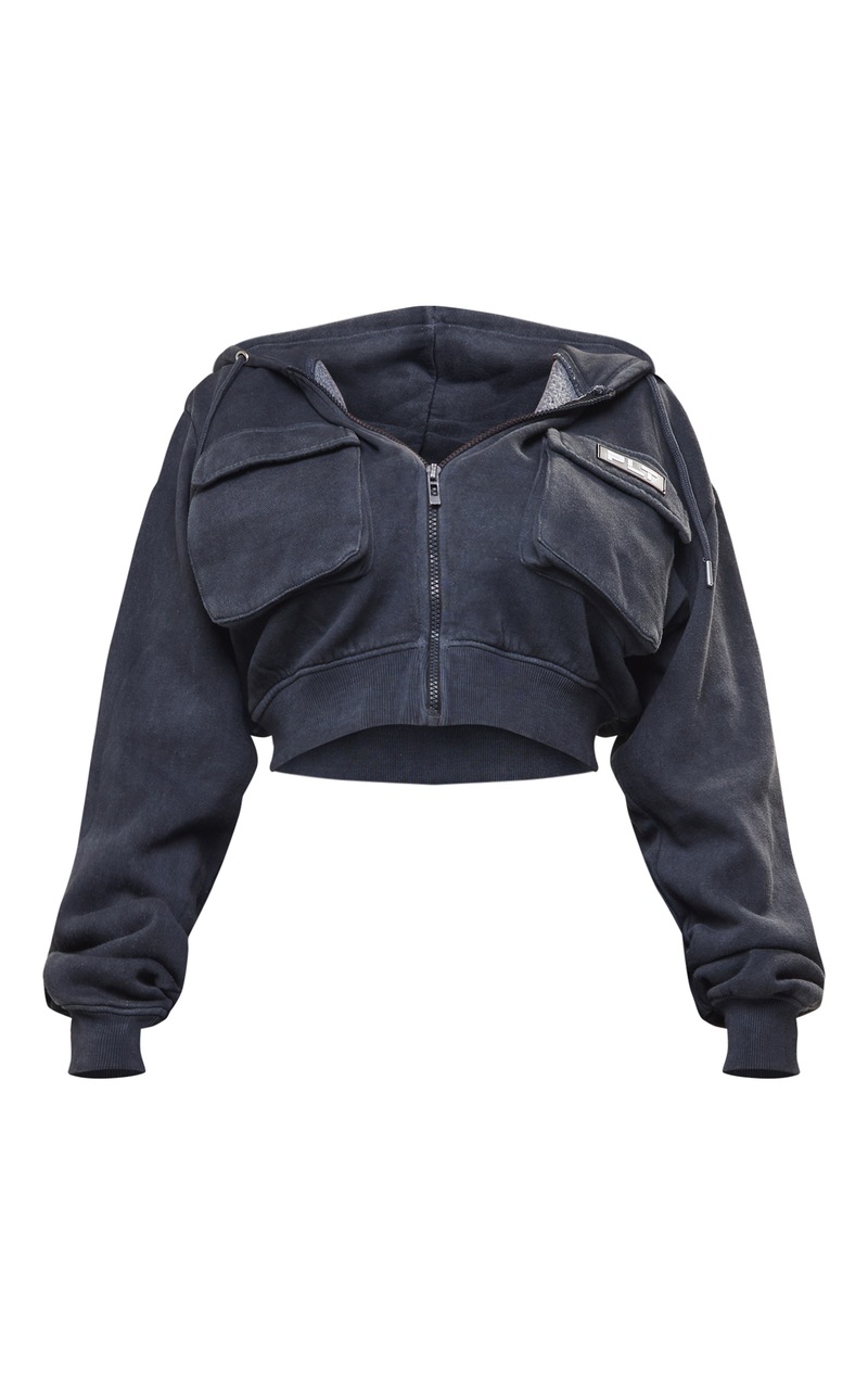 PLT Shape Washed Charcoal Cargo Cropped Hoodie | Shape | PrettyLittleThing