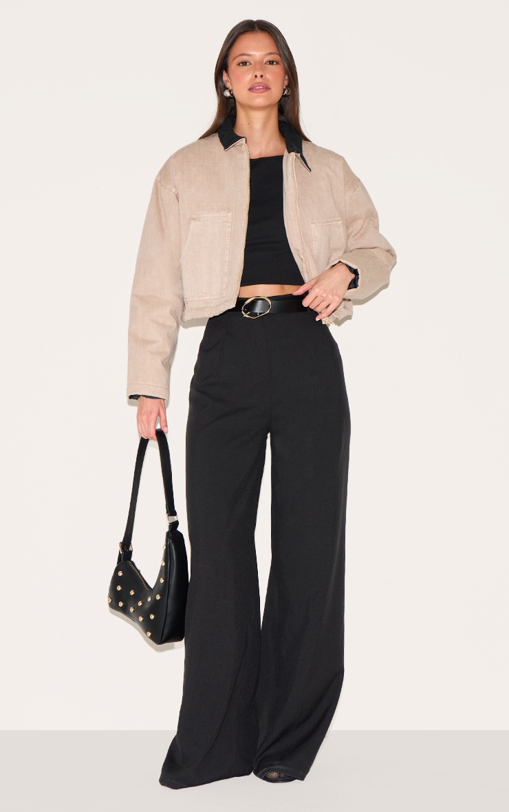 Cream Twill Contrast Collar Cropped Jacket | Outerwear | PLT
