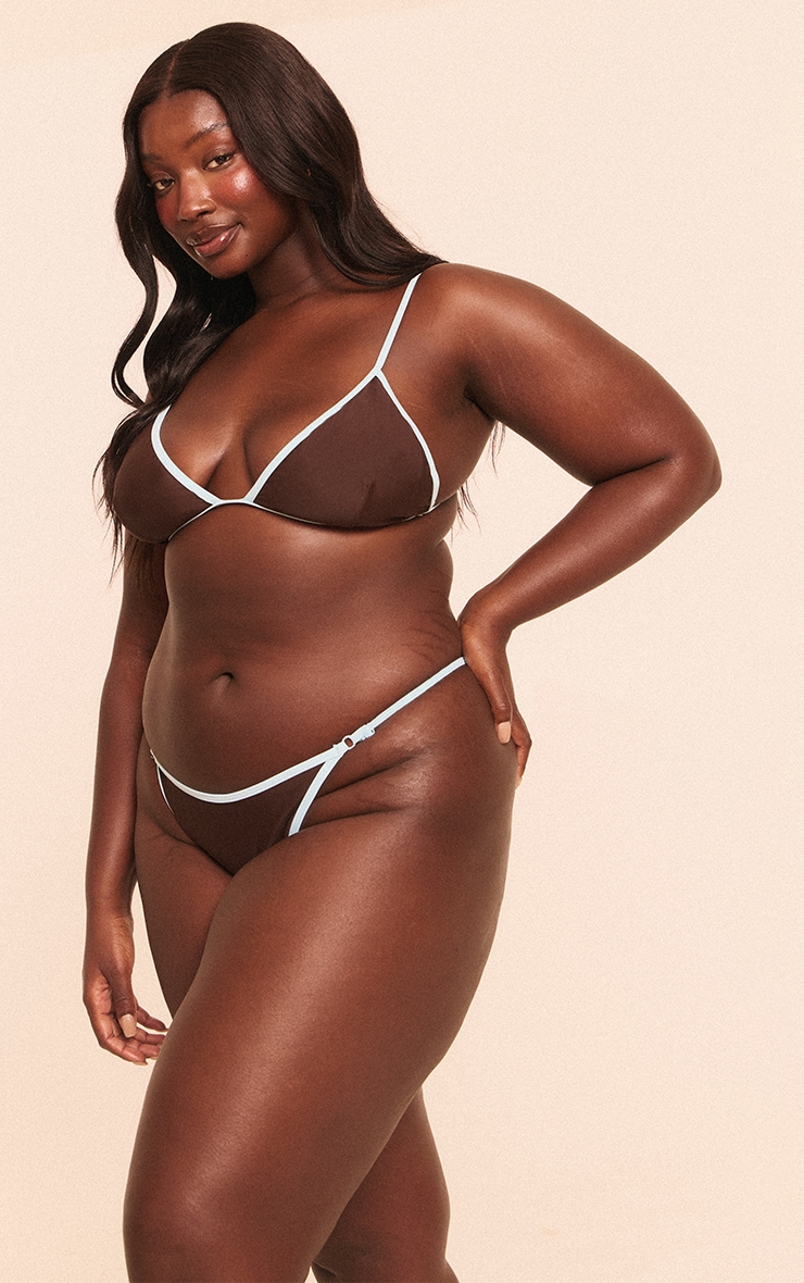 Plus Chocolate Contrast Binding String Tanga Bikini Bottom | Plus Size | PrettyLittleThing USA