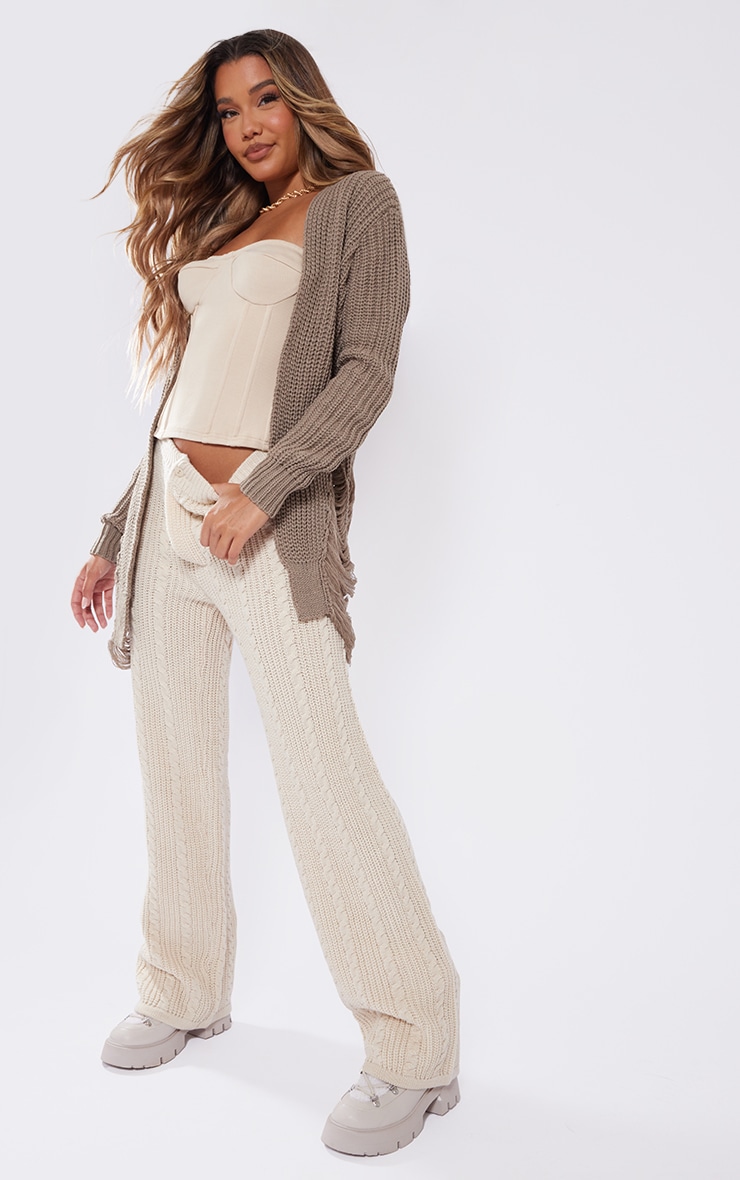 Mocha Distressed Knit Midi Cardigan | PrettyLittleThing