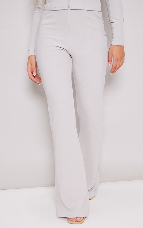Ash Grey Rib Low Rise Flared Trousers | Co-ords | PLT