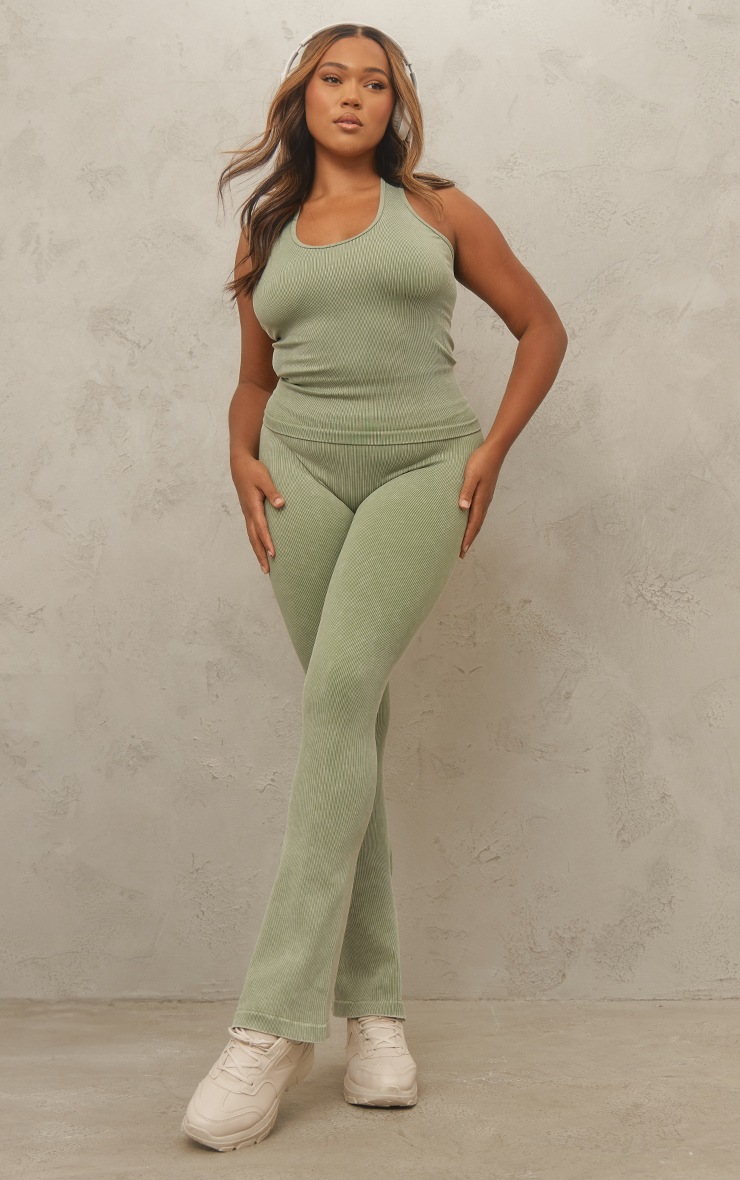 Plus Khaki Acid Wash Rib Halter Neck Gym Top | Athleisure | PLT