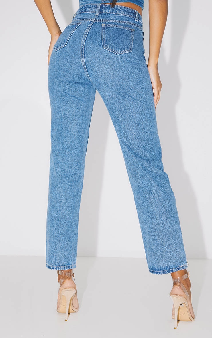 Prettylittlething Mid Blue Straight Leg Jean | PrettyLittleThing USA