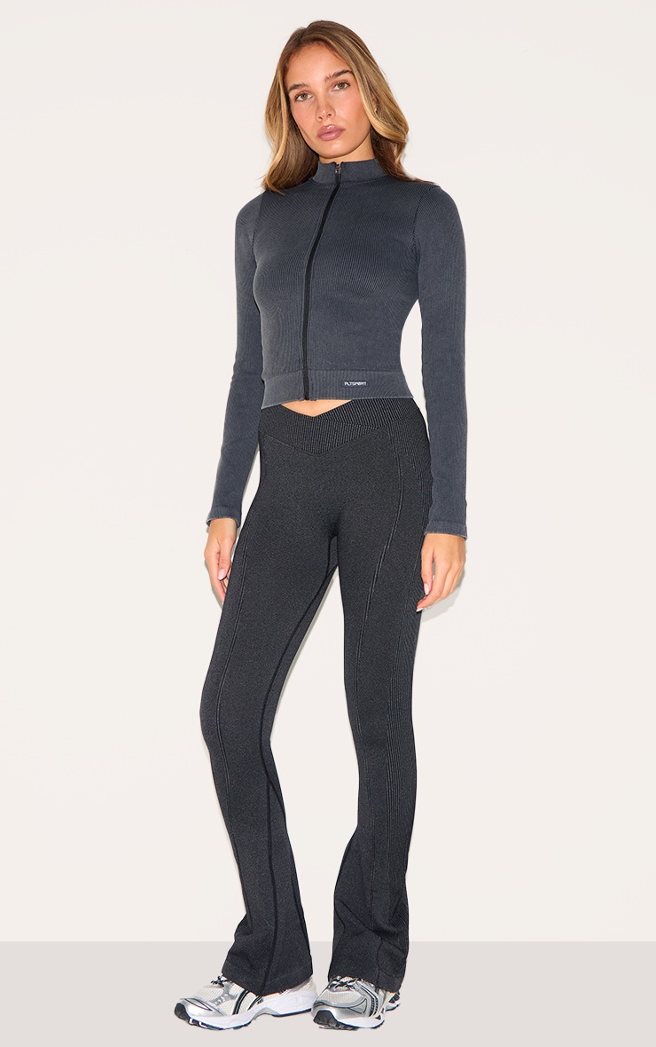 Charcoal Acid Wash Seamless Rib Crop Sports Jacket | Activewear ...