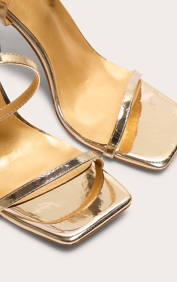 Gold PU Square Toe Barely There Mid Heeled Sandals | Footwear | PLT
