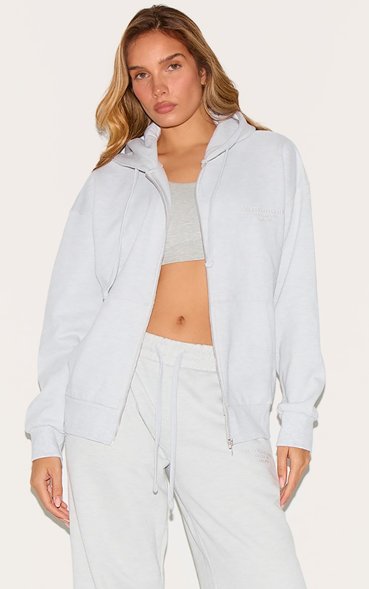 PLT Ash Grey Embroidered Front Oversized Hoodie | Sweat | PrettyLittleThing