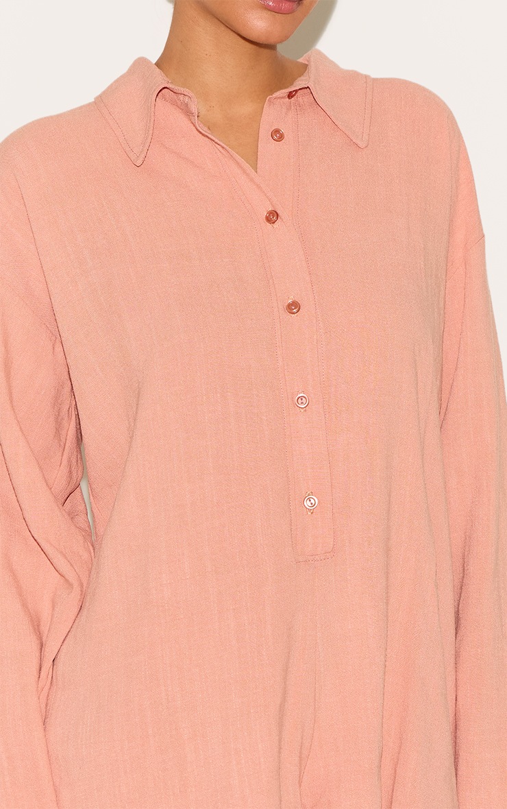 Peach Linen Look Floaty Shirt Detail Romper | Dresses | PLT USA