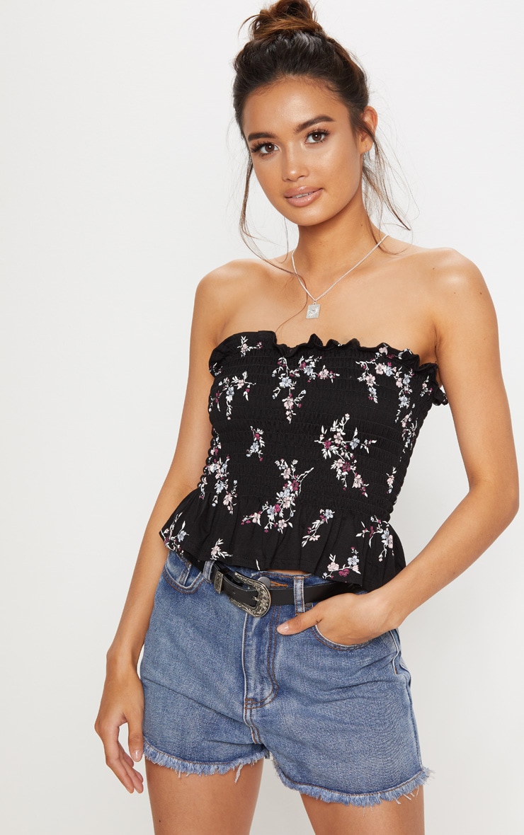 Black Shirred Printed Bardot Crop Top | Tops | PrettyLittleThing