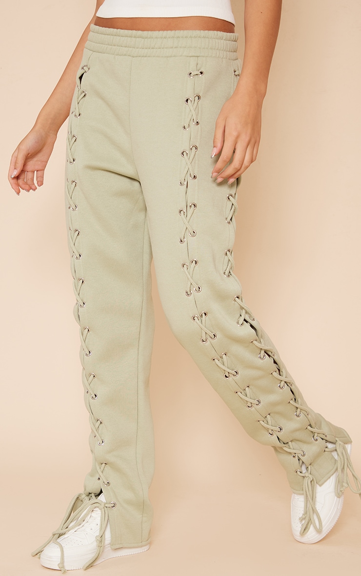 Sage Khaki Lace Up Side Detail Oversized Sweatpants | PrettyLittleThing UAE
