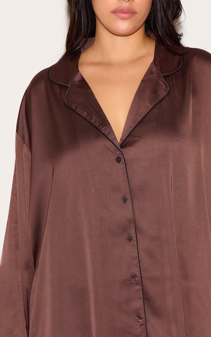 Plus Chocolate Satin Piping Long Pj Set | Plus Size | PrettyLittleThing