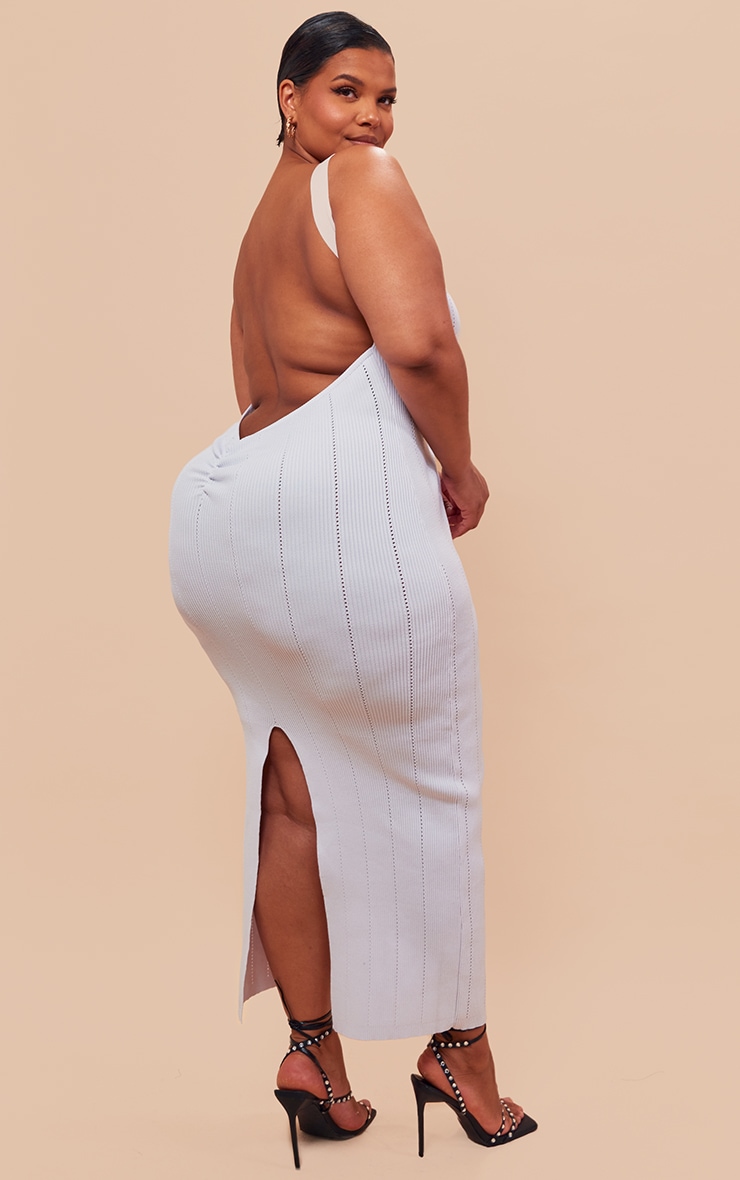 Plus White Textured Rib Knit Low Back Maxi Dress | Plus Size | PLT CA