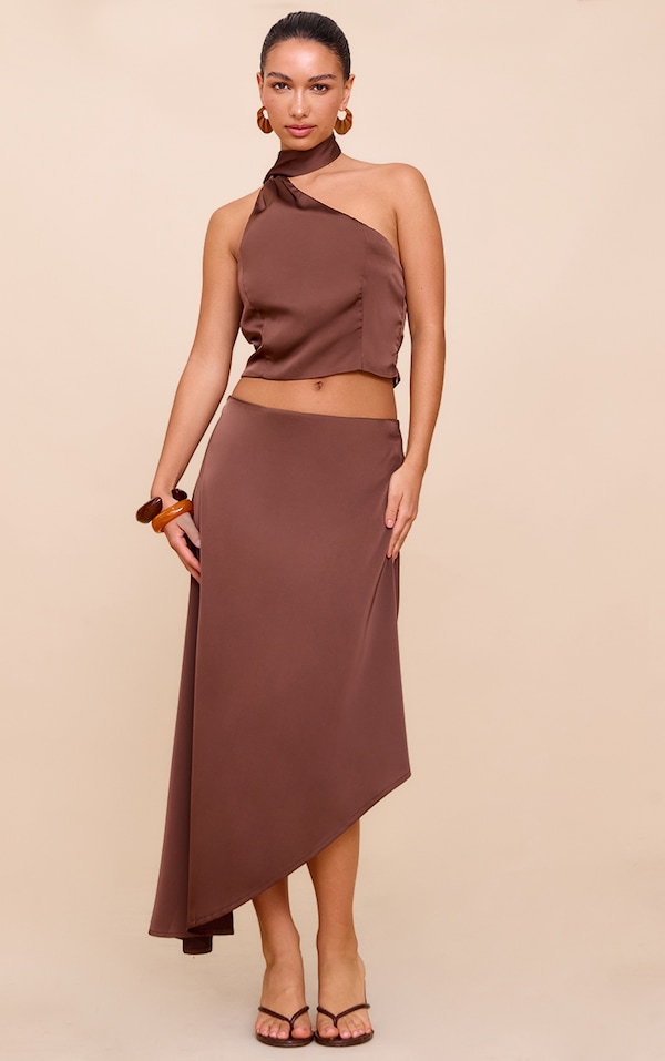 Dark Brown Satin Scarf Detail Crop Top | Co-ords | PrettyLittleThing USA