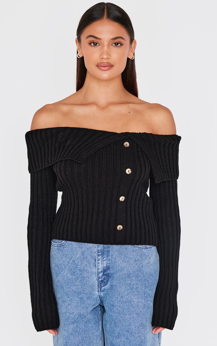 Black Thick Rib Bardot Foldover Button Up Top | Knitwear ...