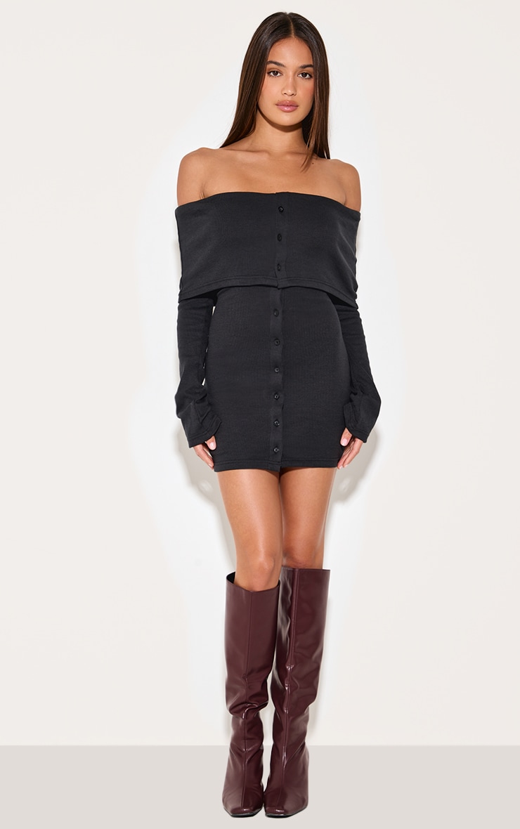 Black Rib Fold Over Bardot Button Mini Dress | Dresses | PLT