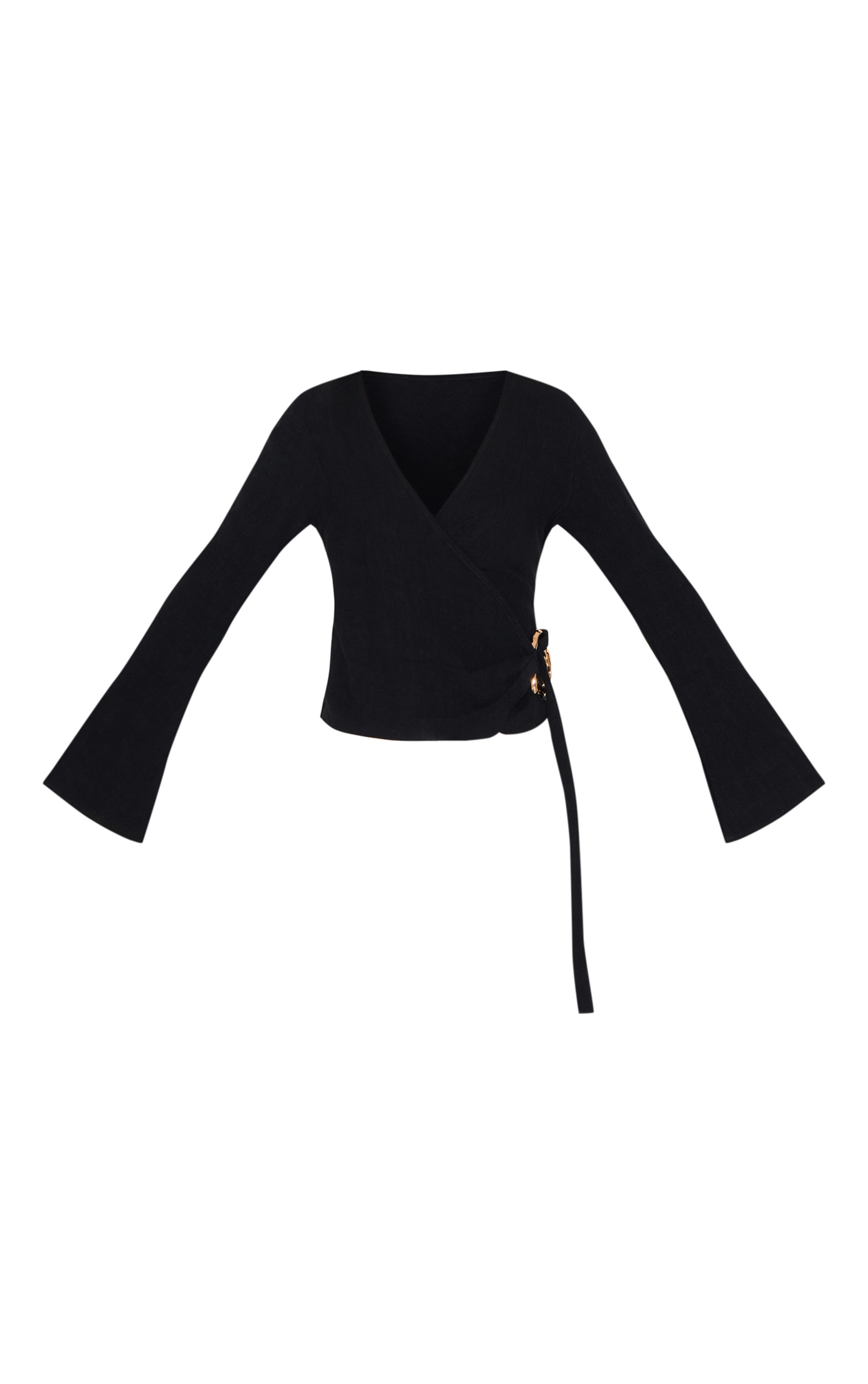 Black Linen Look Wrap Trim Tie Top | Tops | PrettyLittleThing USA