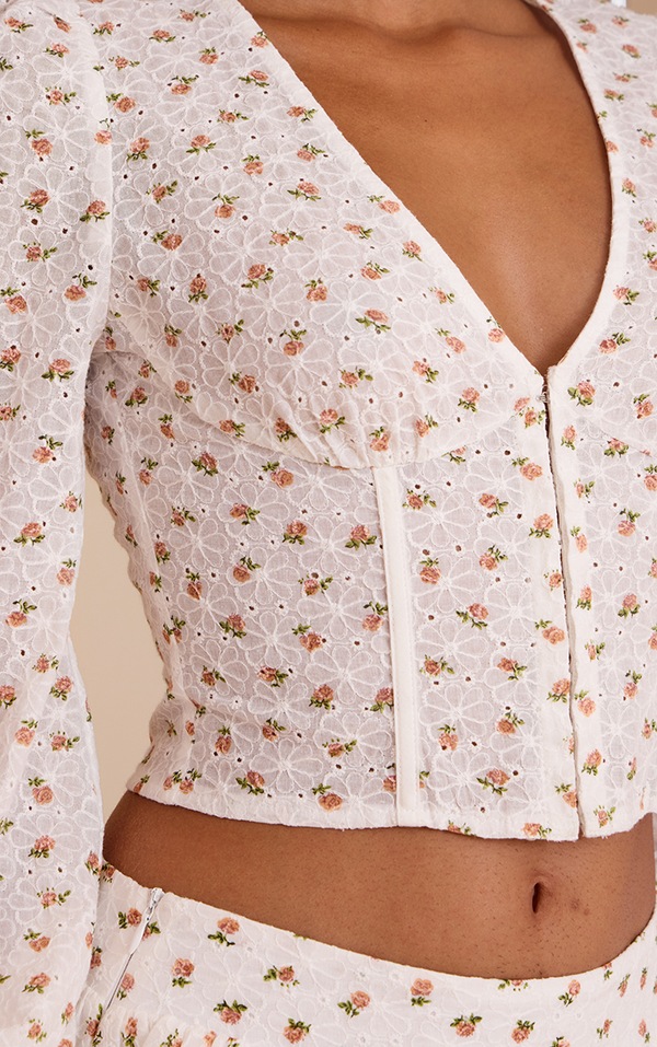 White Rose Ditsy Print Long Sleeve Corset Top | Co-ords | PLT USA