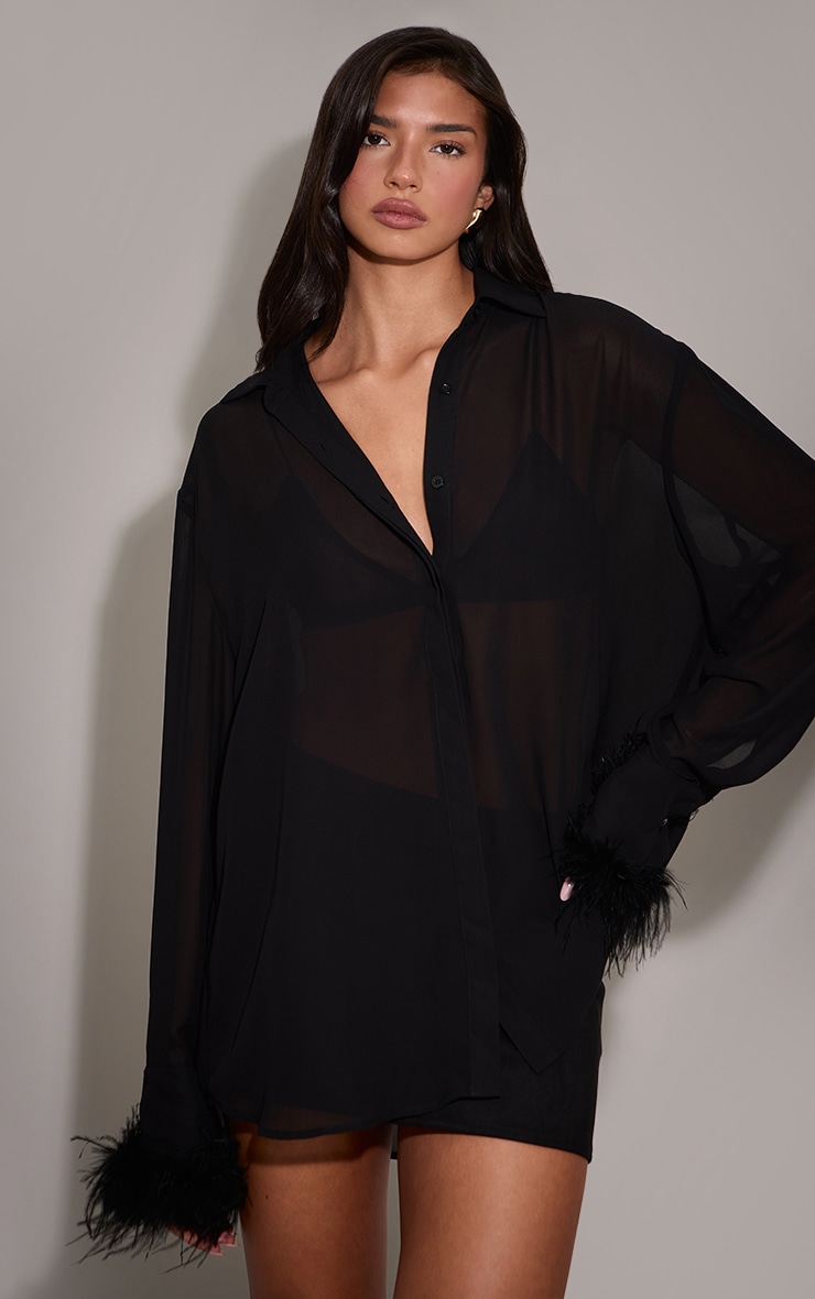 Black Oversized Sheer Feather Cuff Shirt | Tops | PLT USA