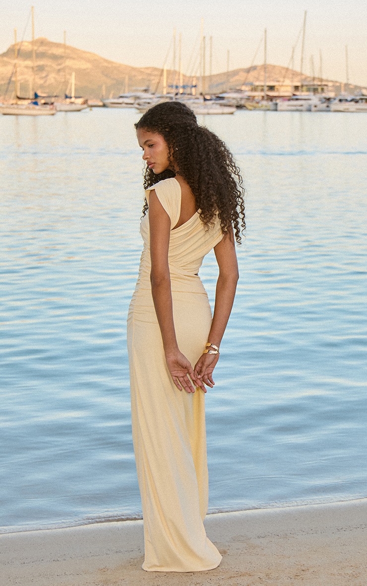 Almond Soft Ruched Asymmetric Cut Out Maxi Dress | Dresses | PrettyLittleThing KSA