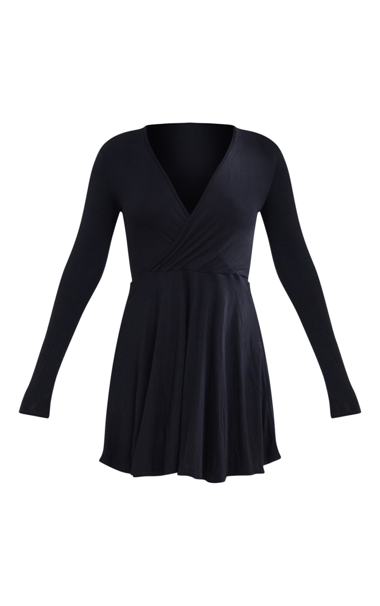 Black Jersey Wrap Long Sleeve Skater Dress | Dresses | PLT