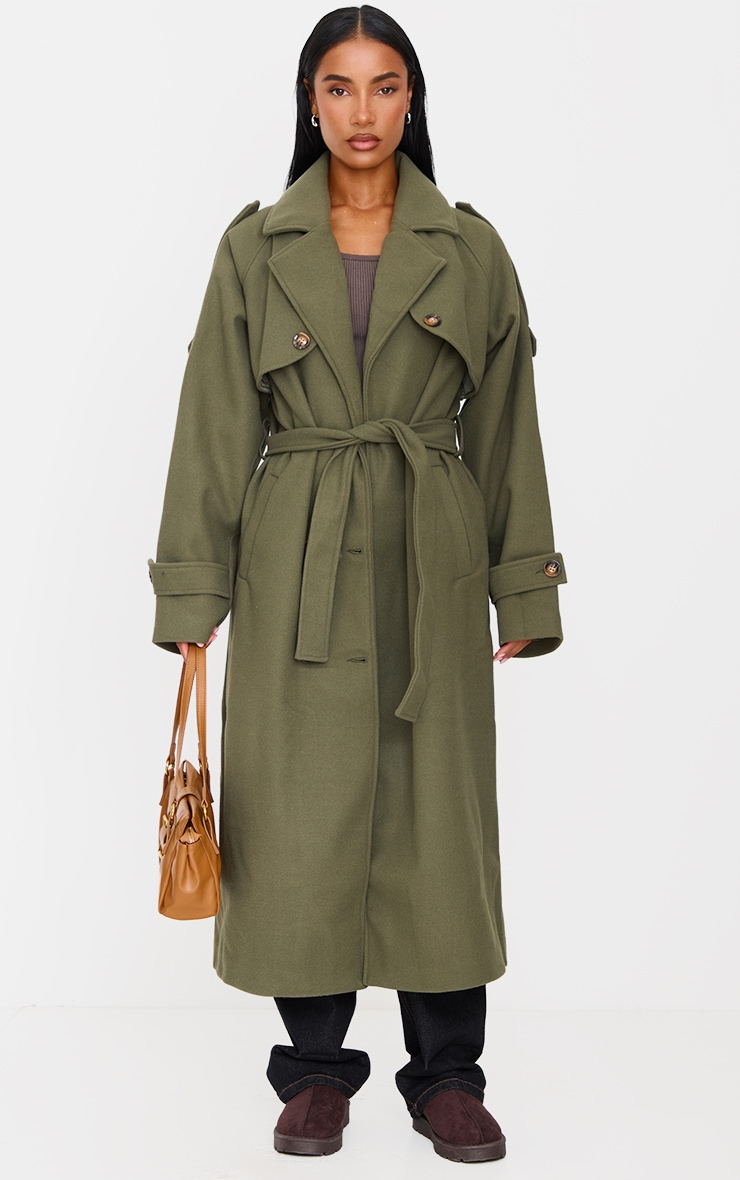 Khaki Oversized Double Breasted Military Trim Coat | PrettyLittleThing USA
