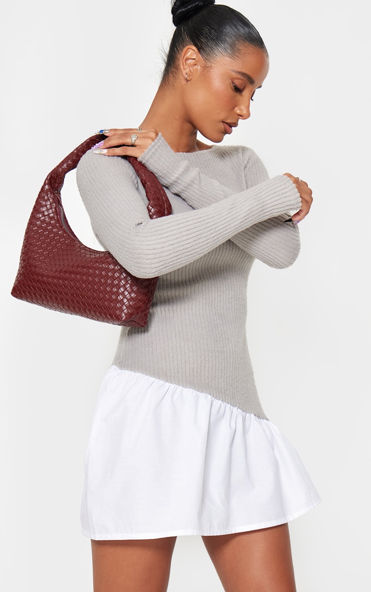 Ash Grey Brushed Rib Asymmetric Hem Shift Dress | Dresses | PLT