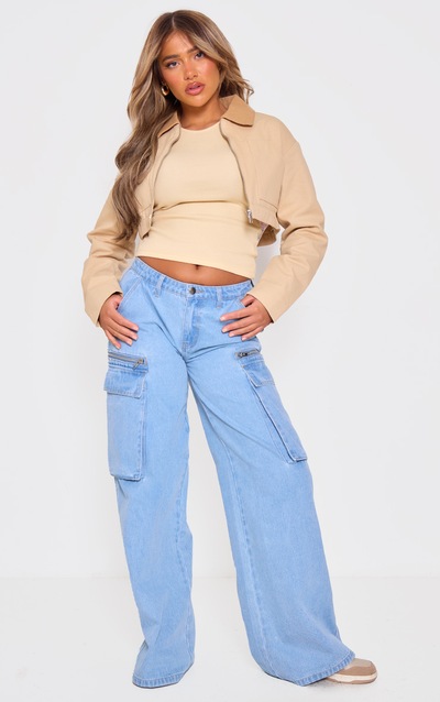 Sand Cotton Feel Contrast Collar Crop Jacket | Outerwear | PLT