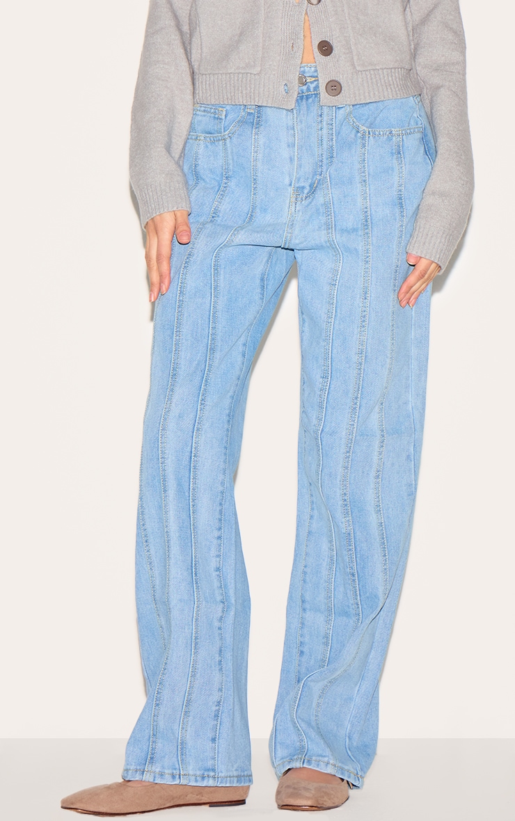 Light Blue Wash Panelled Seam Straight Leg Jeans | Denim | PLT