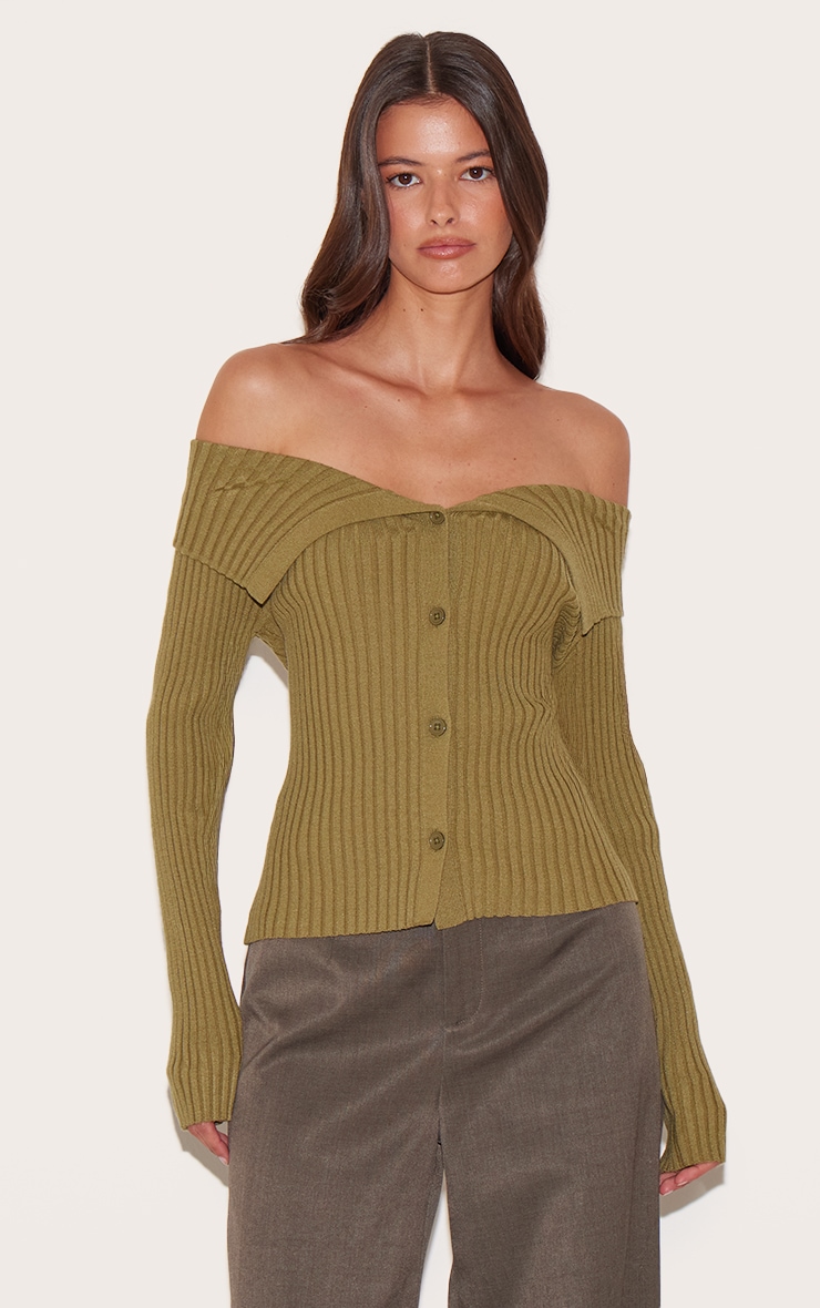 Olive Rib Knit Fold Over Button Up Top | Knitwear | PLT AUS