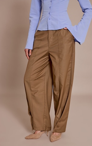 Sage Khaki Woven Button Barrel Leg Seam Trousers | Bottoms | PLT QA