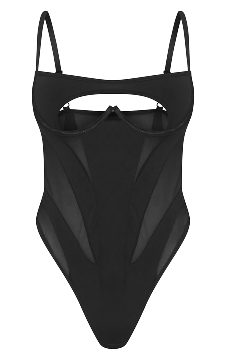 Black Cutout Bust Detail Mesh Paneling Bodysuit | Lingerie & Nightwear ...