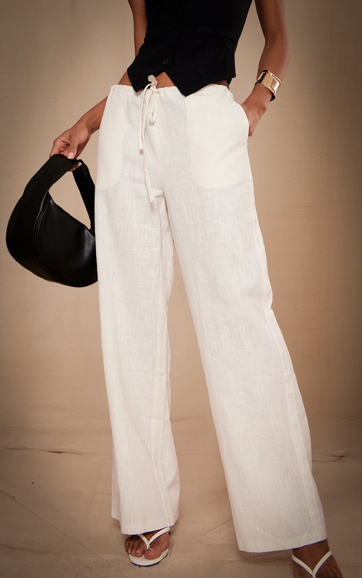 White Linen Drawstring Straight Leg Trousers | Bottoms | PrettyLittleThing