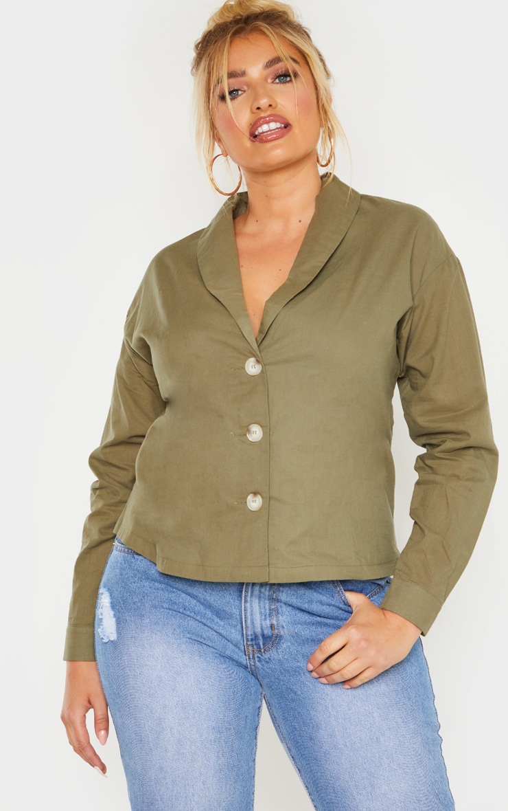 Plus Khaki Woven Tortoise Button Blouse | PrettyLittleThing CA