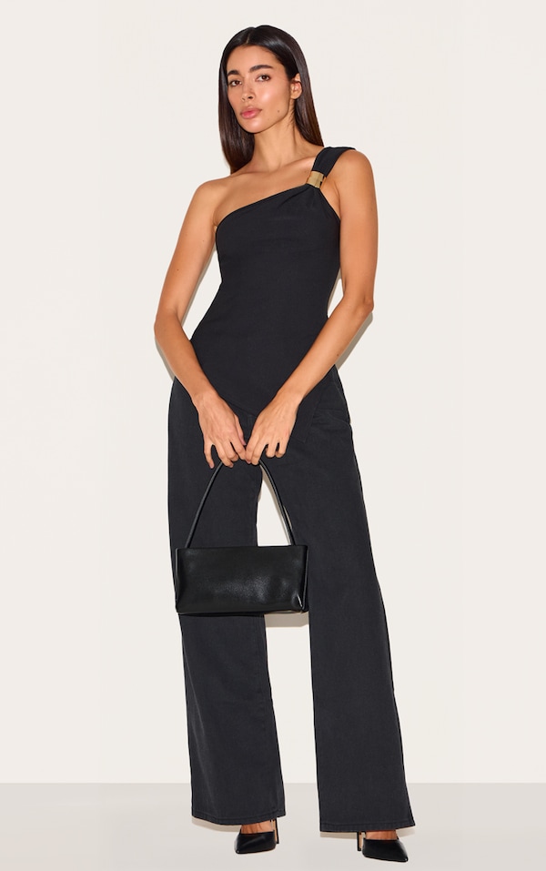 Black Asymmetric One Shoulder Trim Detail Long Top | Tops ...