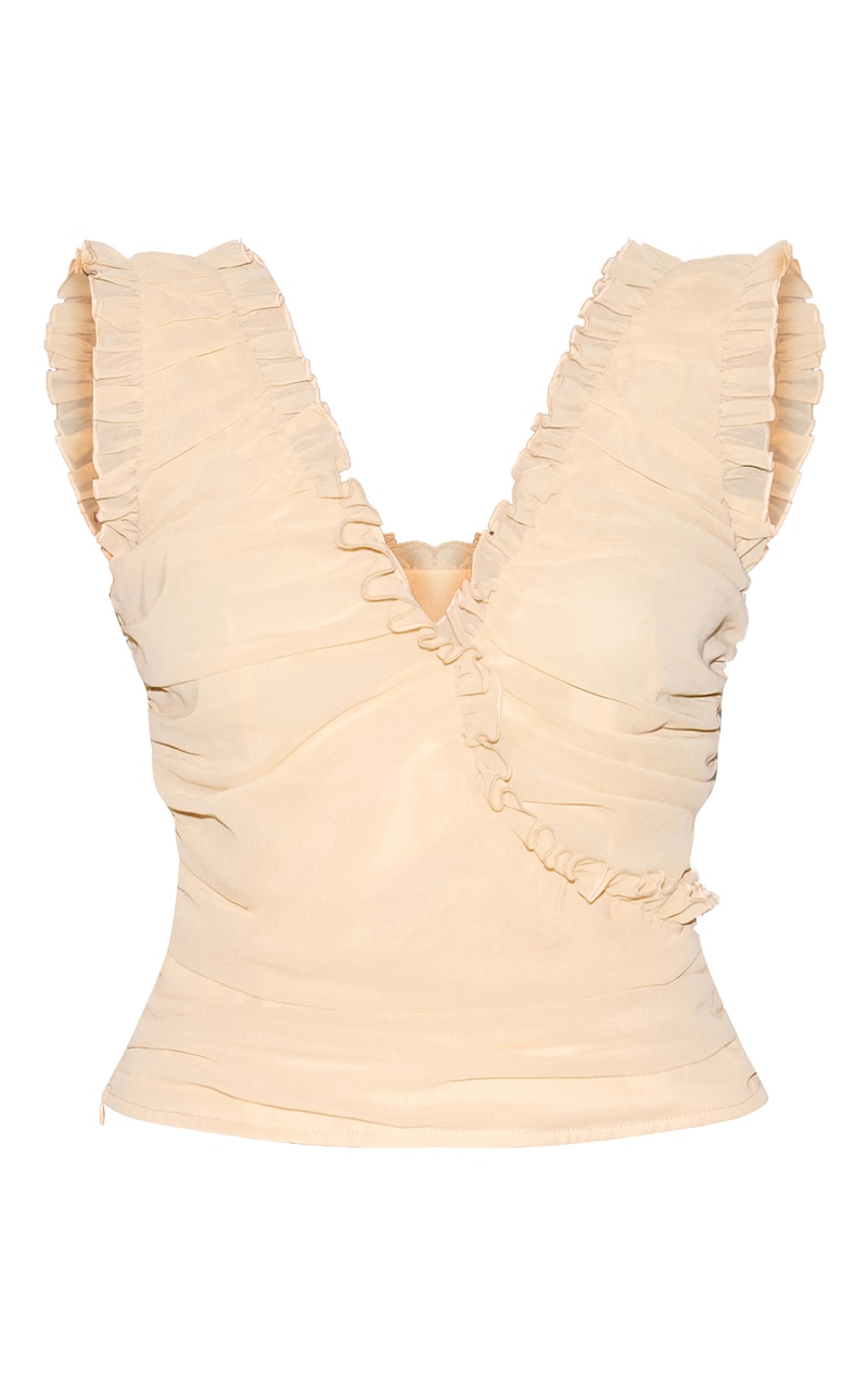 Butter Cream Chiffon Ruffle Ruched Sleeveless Top | Tops | PLT