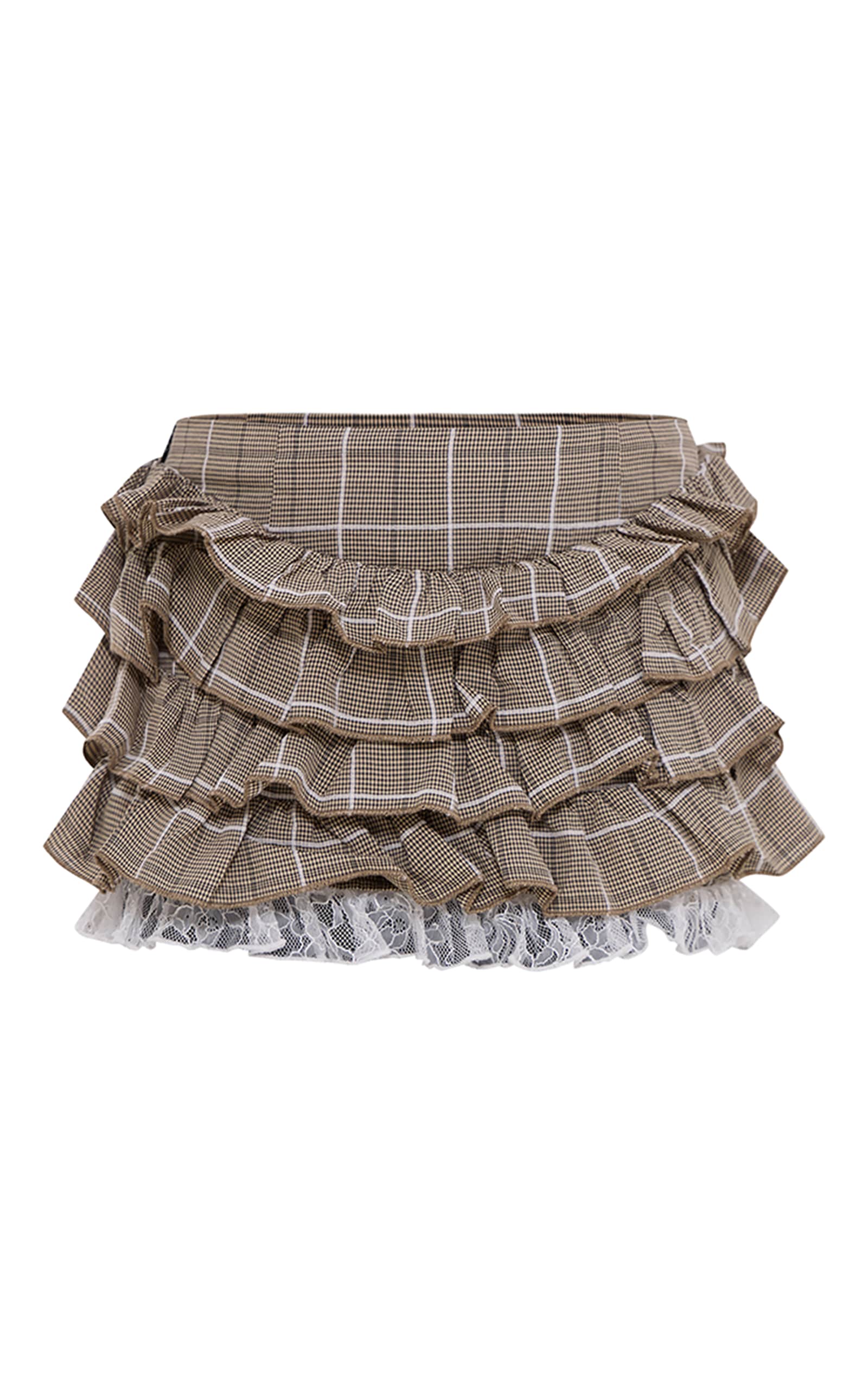 Brown Plaid Printed Lace Detail Ruffled Rara Skirt | Bottoms | PLT