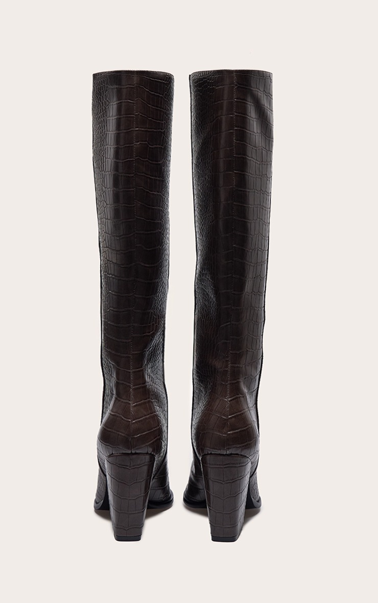 Chocolate Croc Block Heeled Knee High Boots | Footwear | PLT