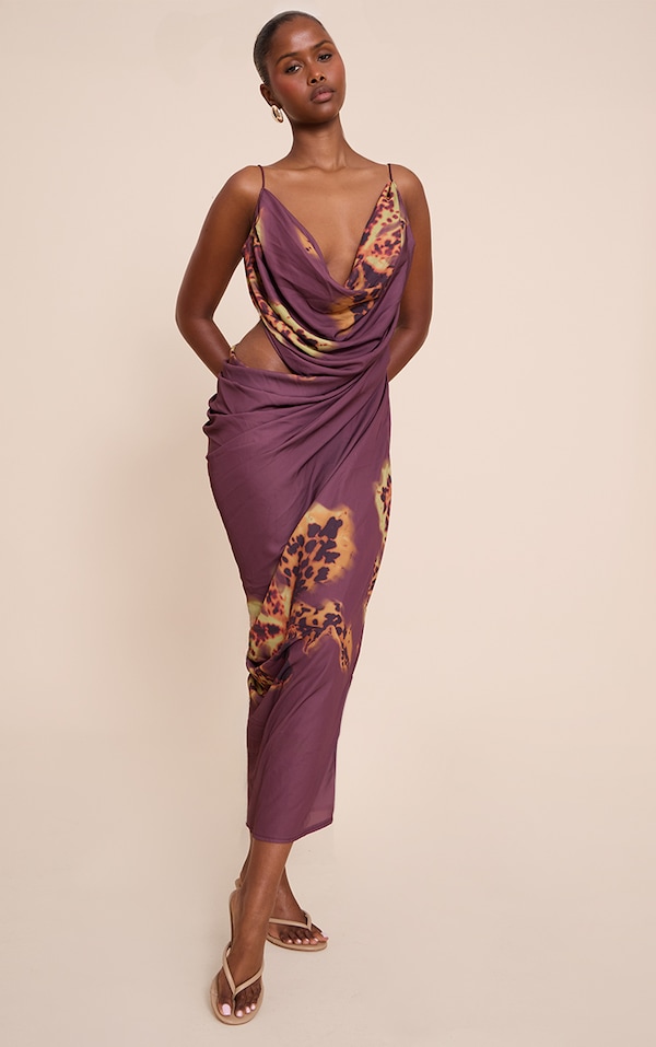 Purple Floral Chiffon Drape Cut Out Midaxi Dress | Dresses ...