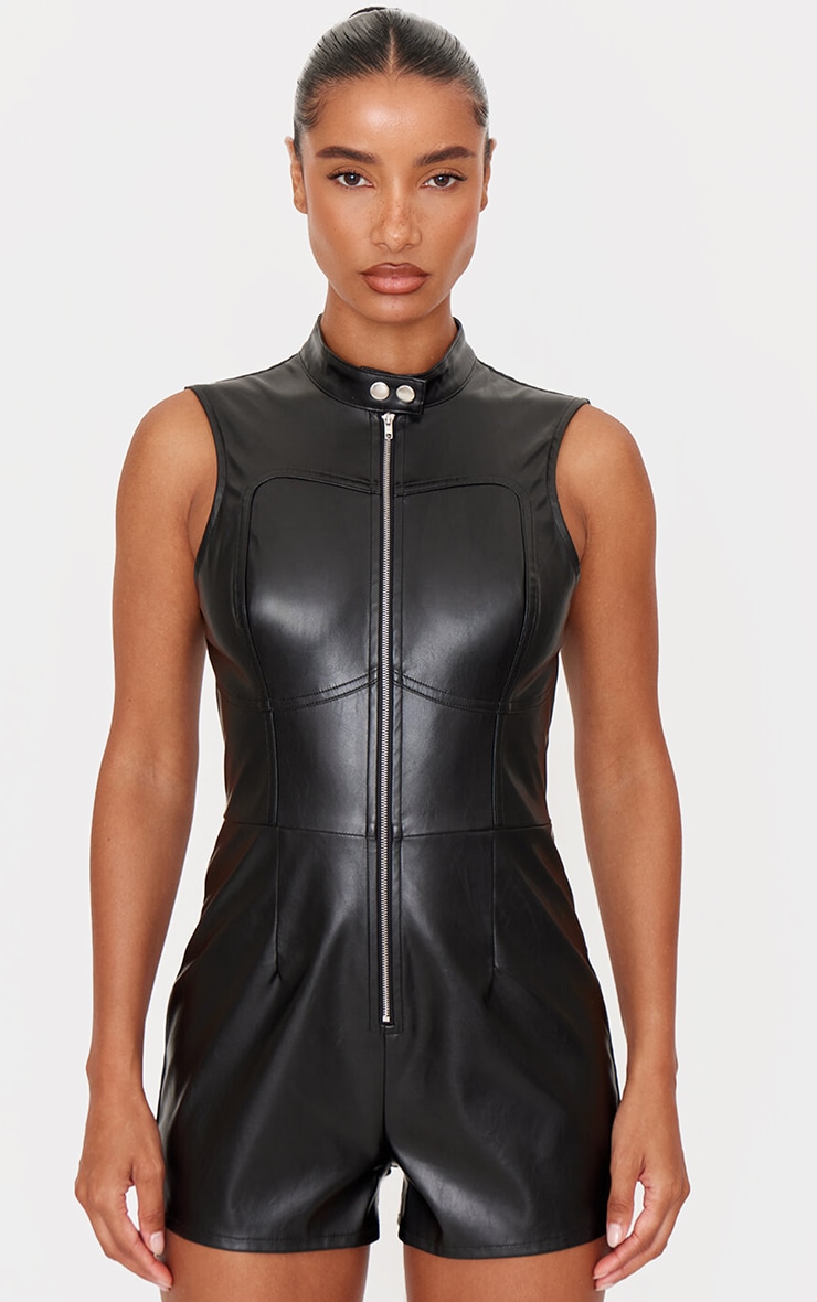 Black Faux Leather Zip Up Sleeveless Playsuit | Dresses | PLT